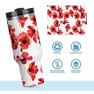 Yasala Car Tumbler with Handle Poppy Watercolor Travel Mug Coffee Cup Insulated Beverage Container Mega Cup for Hot Cold Drinking Thermos Water Bottle Cupholder Friendly 40 oz