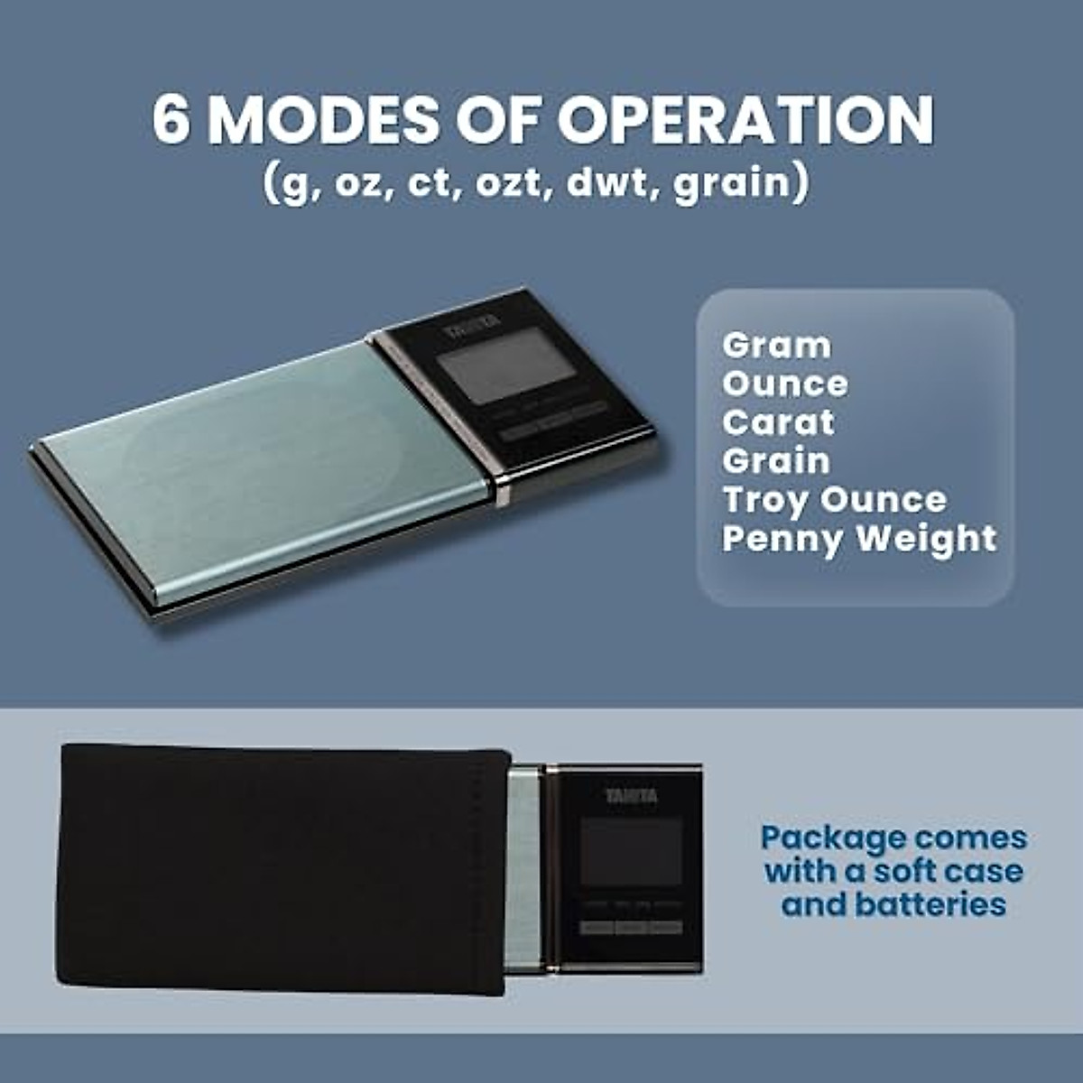 Tanita 1479J2 Mini Scale - Japan Technology Accurate Digital Pocket Scale for Jewelry - 200G Capacity - Blue Backlit Display - 6 Different Modes of Measurement: Gram, Oz, Carat, Troy Oz, Dwt, Grain