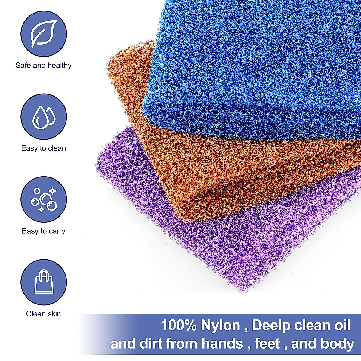 Tegeme 3 Pcs African Exfoliating Net Sponges Bath Back Scrubbers Long with Pull Strap Exfoliating Smoother Nylon Body Shower Loofahs Cloth for Women Men Daily Handles Washcloth Wash Purple Blue Coffee