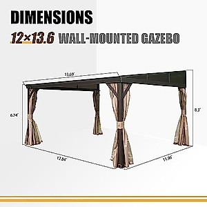 Domi 12x14FT Lean to Gazebo, Hardtop Wall Mounted Gazebo with Sloping Galvanized Steel Roof, Wall Pergola with Aluminum Frame, Curtains and Netting, for Patio, Deck, Garden, Backyard