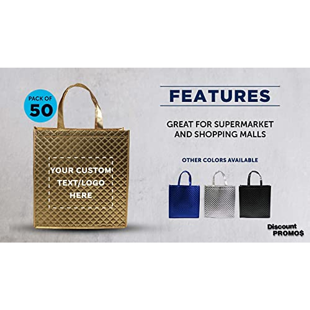 DISCOUNT PROMOS Custom Luxurious Laminated Tote Bags Set of 50, Personalized Bulk Pack - Reusable, Great for Shopping, Beach, Wedding Favors - Gold