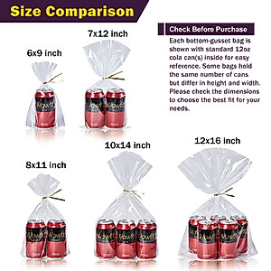 Wowfit 50 CT 10x14 inches Clear Bottom Gusset Cellophane Treat Bags with 6" Gold Twist Ties, Cello Packaging for Gift Wrapping, Decorations, and Food Storage