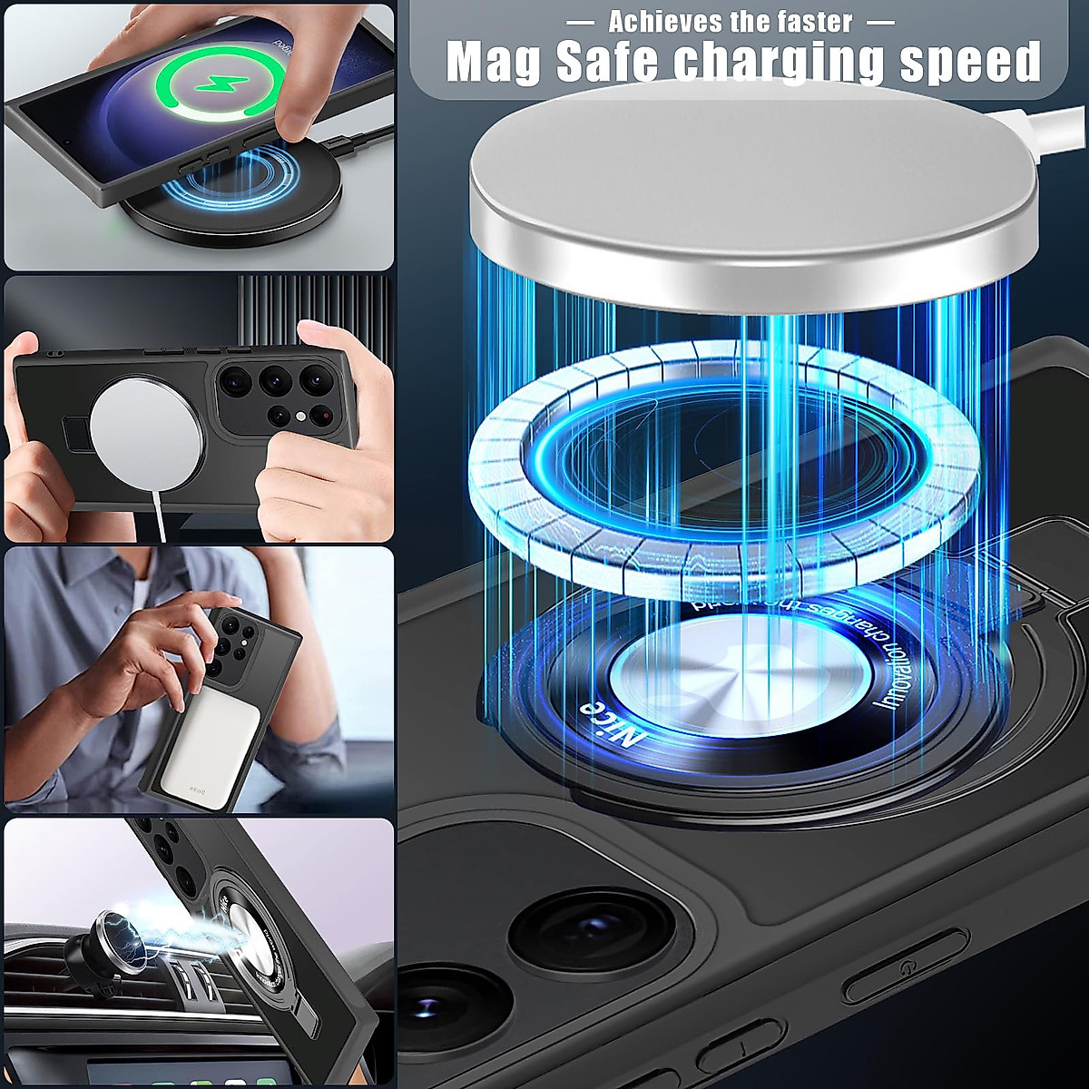 Samsung Galaxy S23 Ultra Case Compatible with MagSafe,Magnetic Ring Holder, Invisible Kickstand,Shockproof Military Grade Drop Protection,Matte Transparent Cover for S23 Ultra Cases,Black