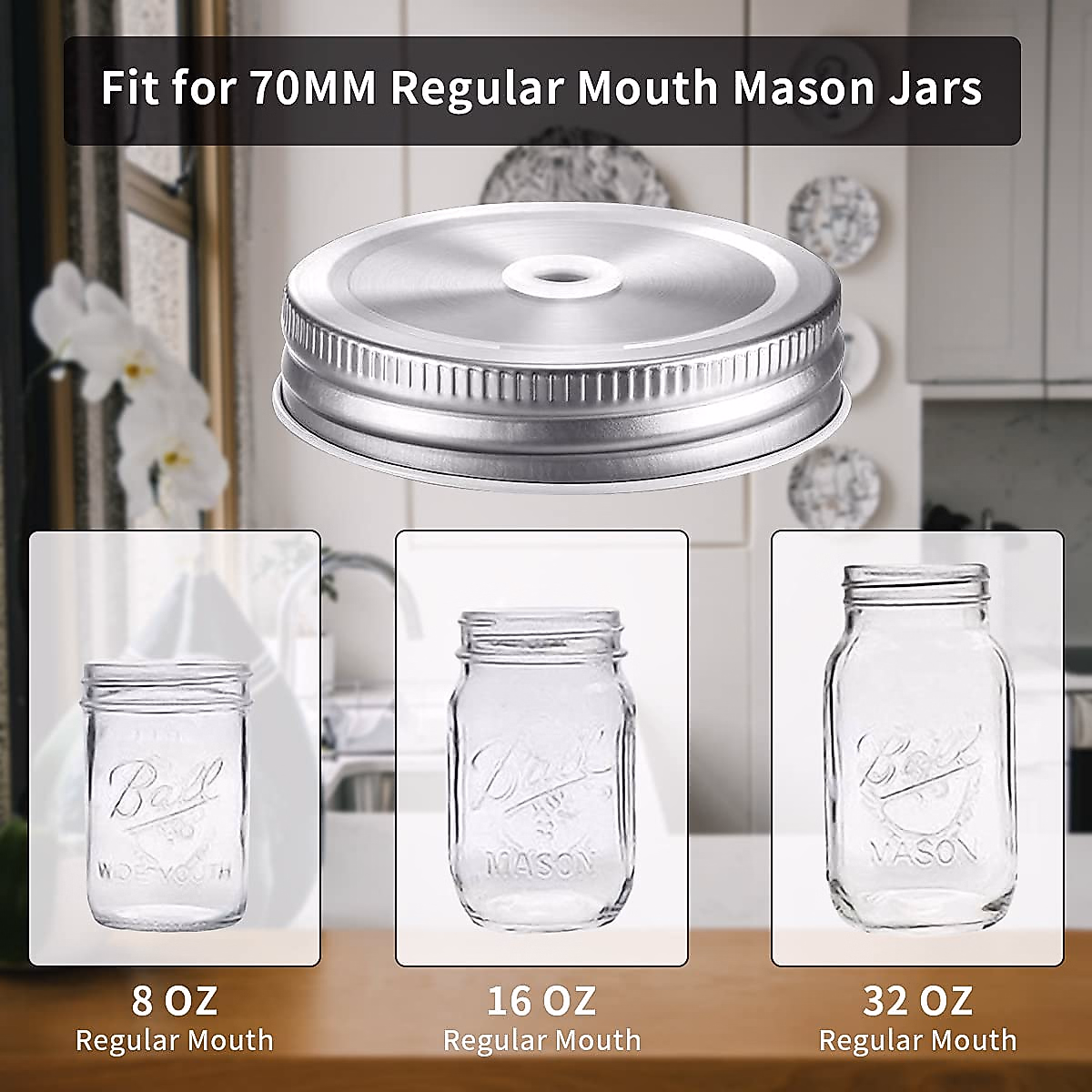 26 PCS Regular Mouth Mason Jar Lids with Straw Hole - 70MM Canning Lids Drinking Jar Lids Tinplate Jar Lids Silver Canning Jar Caps with Silicone Ring/Straws/Cleaning Brush for Drinking Food Storage