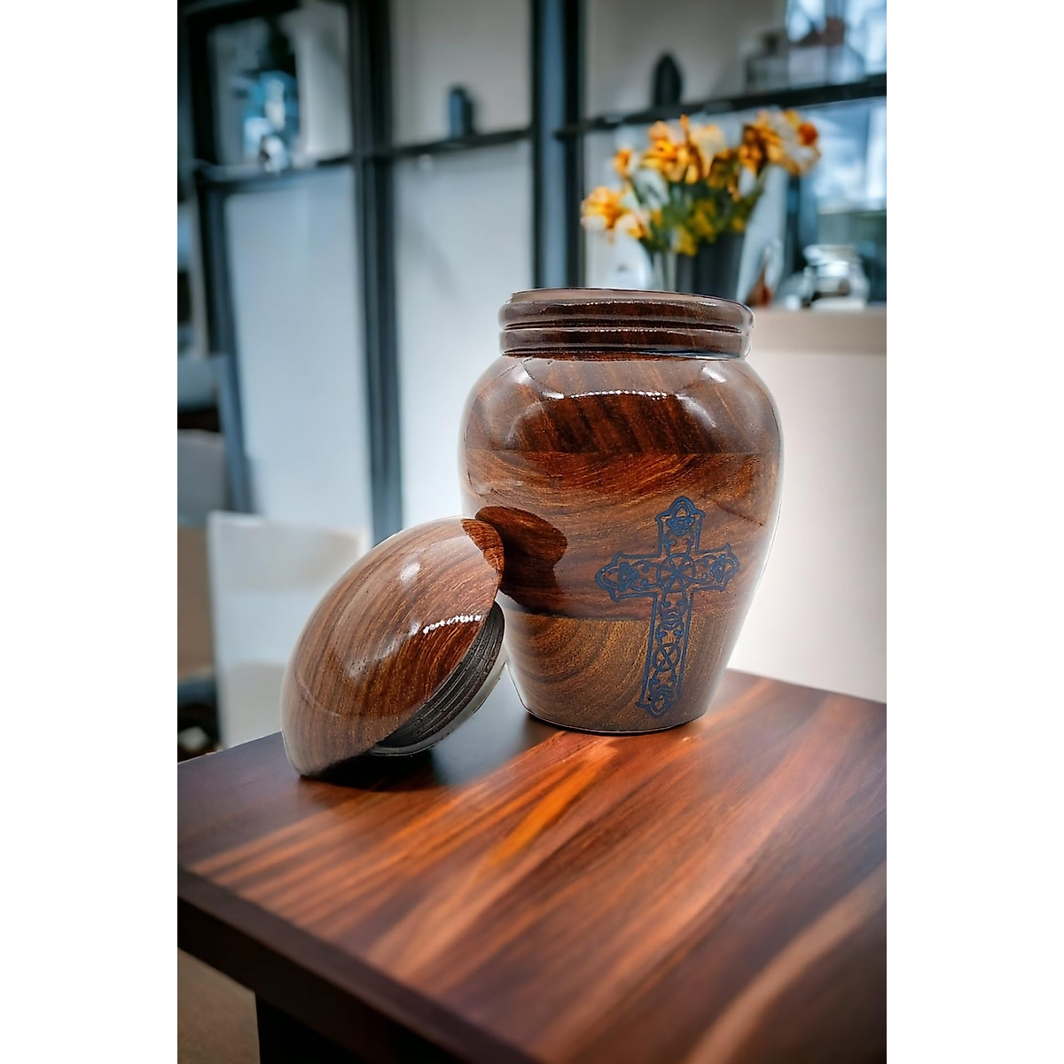 WOODEN Cremation Urns for Ashes Adult Male/Female Engrave Blue Cross & Paw -Decorative Urns-Wooden Small Cremation Urn for Funeral for Pet or Human Ashes.. (ENGRAVE CROSS)