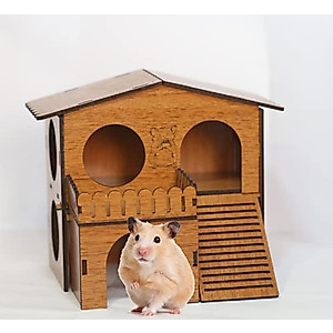 2 Storey Hamster House with Wide Door Small Animal Climbing Ladder Dwarf Hamster Small Pet Dwarf Hamster Cage Small Animal Hideout Easy Clean Wooden Hideaway, Brown