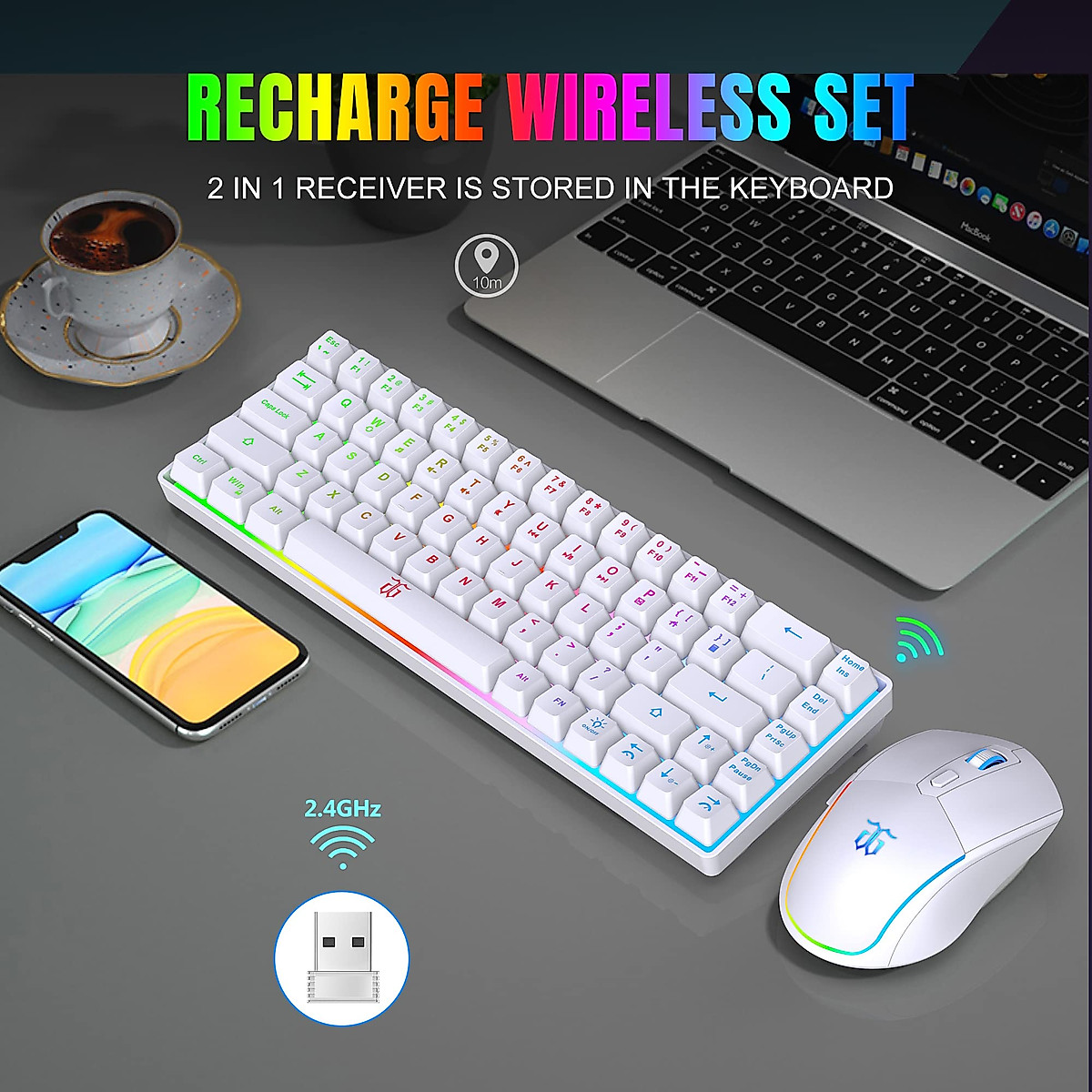 Snpurdiri 60% Wireless Gaming Keyboard and Mouse Combo,LED Backlit Rechargeable 2000mAh Battery,Mini Mechanical Feel Anti-ghosting Keyboard +Popular RGB Gaming Mice for PC Gamer (White)
