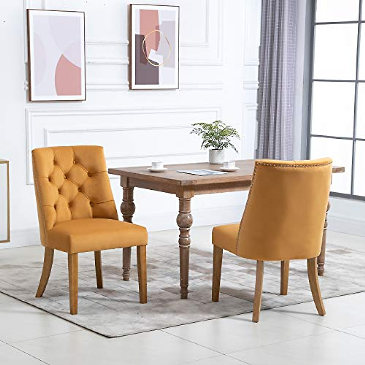 Dolonm Modern Dining Chairs Set of 2 Upholstered Button Tufted Dining Chair with Nailhead Trim Accent Wingback Velvet Wooden Chair for Dining Room Kitchen Bedroom (Orange)