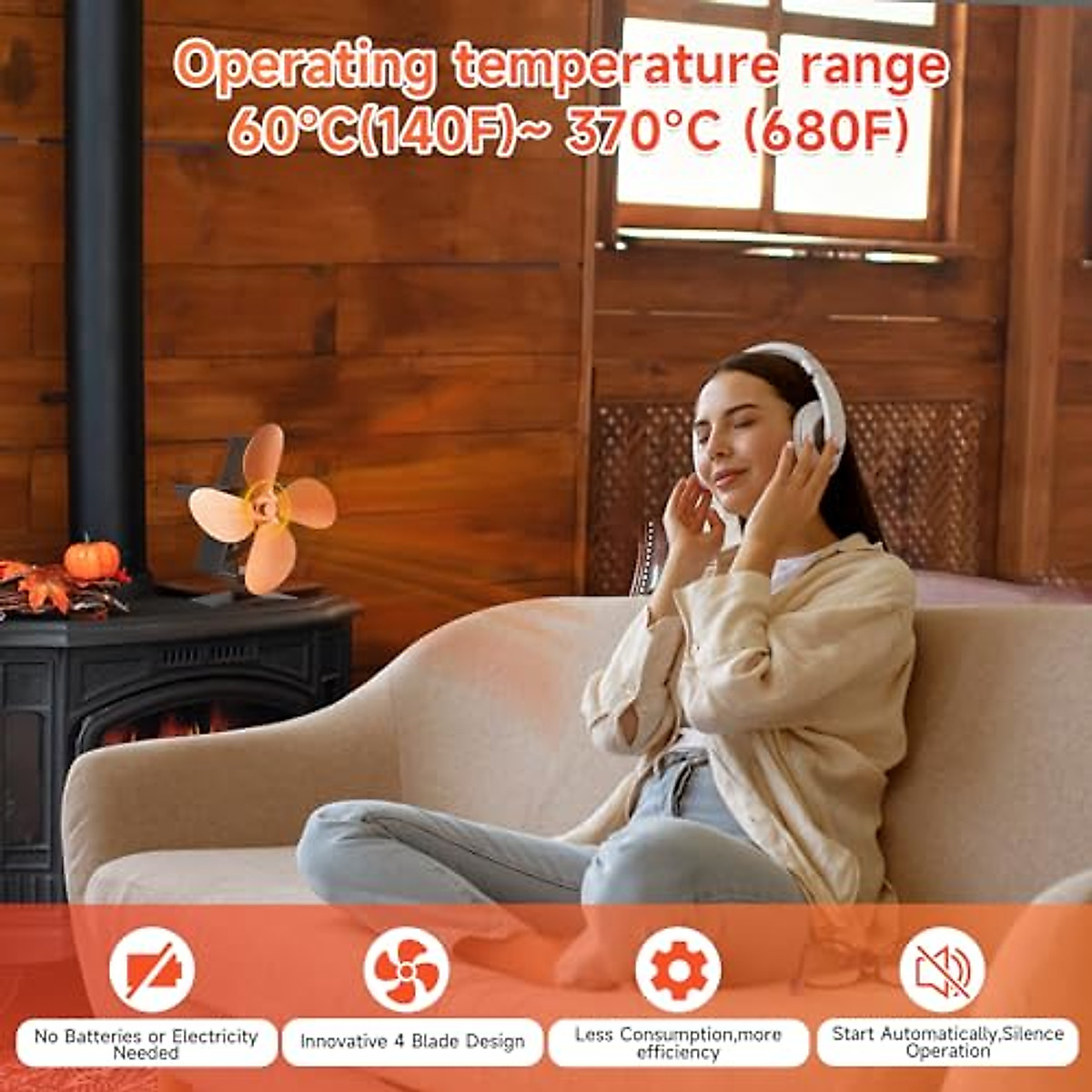 Kiriner Wood Stove Fan, 4 Blades Heat Powered Fireplace Fans for Wood/Log Burner/Fireplace, Quiet, Eco-Friendly Black Stove Fans, Circulating Warm Air Saving Fuel