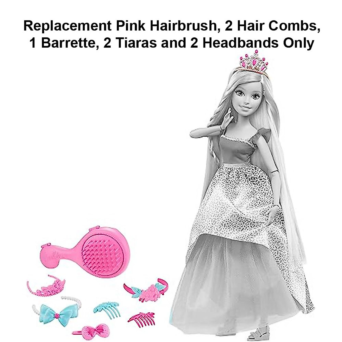 Replacement Parts for Barbie Endless Hair Kingdom 17" Princess Doll - DKR09 ~ Includes Pink Hairbrush, 2 Hair Combs, 1 Barrette, 2 Tiaras and 2 Headbands