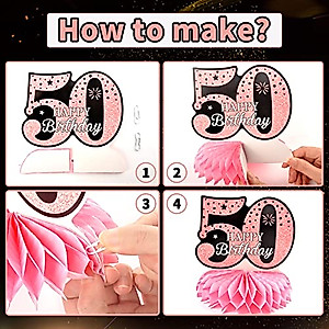 50th Glitter Rose Gold Birthday Banner Party Decorations, Happy 50th Birthday Decorations Hanging Swirls Banner Honeycomb Centerpieces for Women Happy 50 Years Old Bday Party