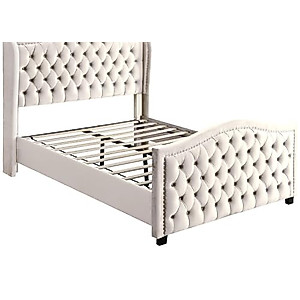 Leadtimes Beige Velvet Bed Frame Queen Size Upholstered Platform with Tufted Button Wingback Headboard Durable and Luxurious