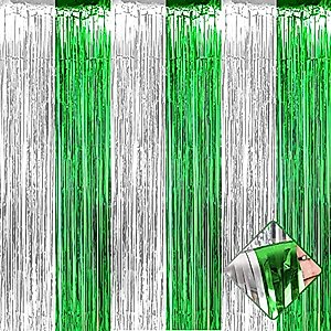 4 Pack 3.2Ft x 8.2Ft Silver Green Foil Fringe Curtain Backdrop, Metallic Tinsel Foil Fringe Streamers Curtains Background for Photo Booth, Birthday, Wedding, St Patrick Day Party Decoration