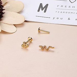 Drperfect Cartilage Earring Stud 16G Stainless Steel Internally Threaded CZ Flower Heart Bee Butterfly Snake Helix Tragus Conch Labret Monroe Medusa Lip Piercing Jewelry