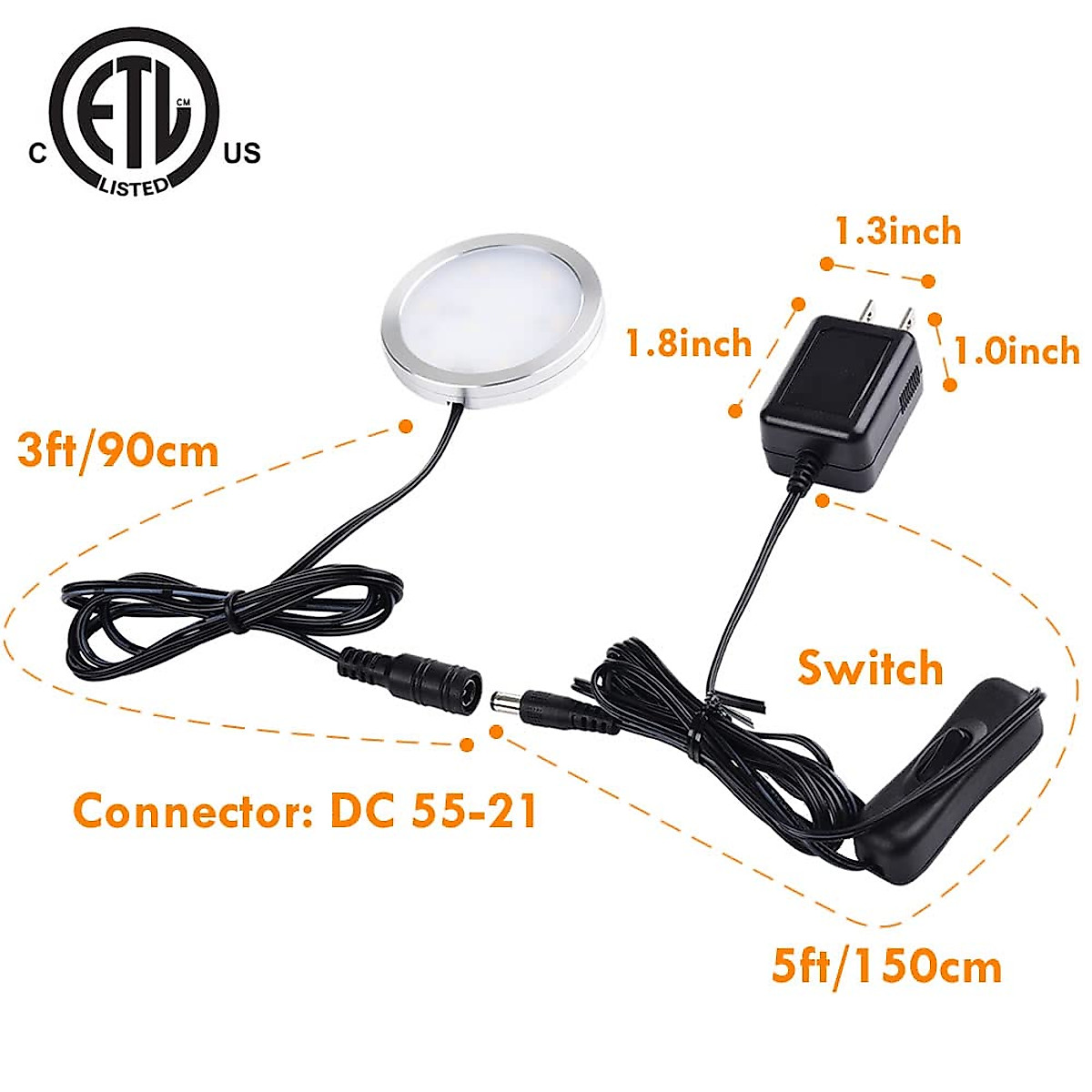 Lvyinyin Single LED Puck Light for Under Obove Cabinet Counter Bar Shelf Back Lighting, 120V Electric Direct Wall Plug in, Handy On Off Switch, Black Cables, 2 Packs, Warm White