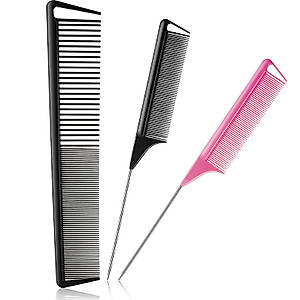 3 Pieces Carbon Fiber and Stainless Steel Hair Combs Set - Pintail, Teasing, and Parting Combs with Wide and Fine Teeth for Braids, Hair Salon, and Home Use, Black
