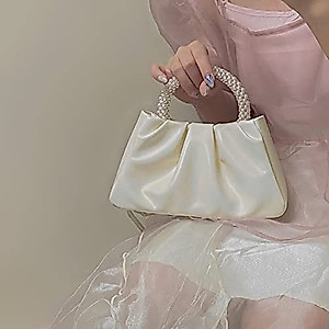 Beatfull Evening Purse Women Pearl Handbags Soft Leather Ruched Bag Bridal Clutch for Wedding Party Prom Crossbody Purses White
