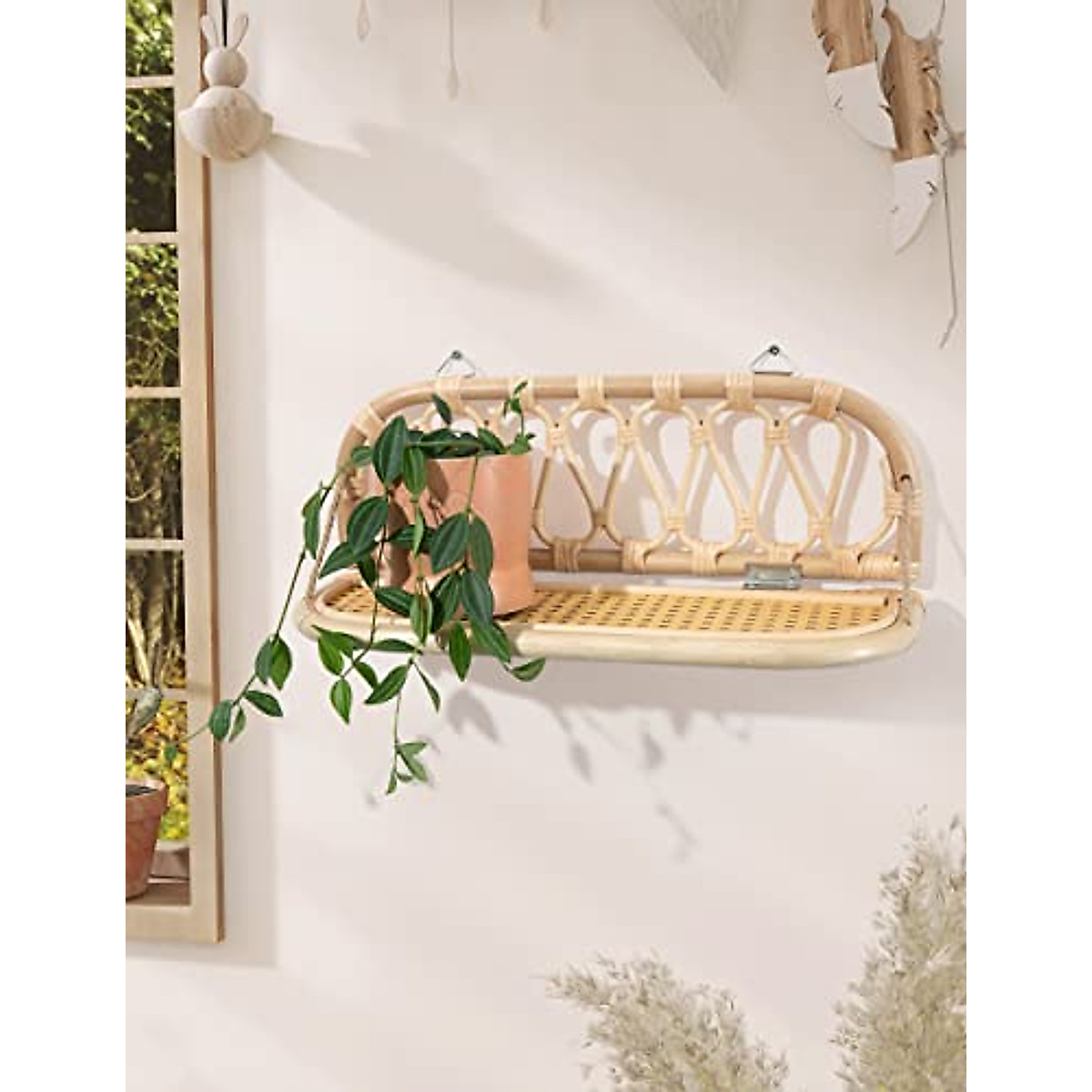 Sonefreiy Rattan Shelf Boho Wall Shelf Decorative Shelves Natural Handmade Woven Floating Shelf, Nursery Bedroom Living Room Bathroom Decor