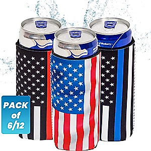QualityPerfection Slim Can Cooler Sleeves (12 Pack) Black Flag with Thin Red Line Beer/Energy Drink Blank Skinny 12 oz 4mm Neoprene Holder (Firefighter)