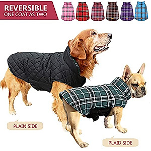 Kuoser Warm Dog Coat, Reversible Dog Jacket Waterproof Dog Winter Coat British Style Plaid Dog Clothes Pet Dog Cold Weather Coats Cozy Snow Jacket Vest for Small Medium Large Dogs Green M