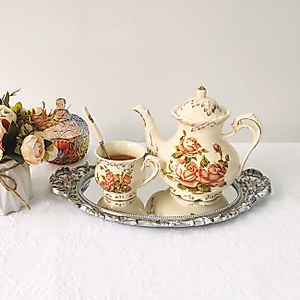 Ham Oval Floral Wall Mirror Tray, Dresser Organizer Tray, Decorative Perfume Mirror Tray, Serving Tray, 9.5’’ X 14.5’’, Silver