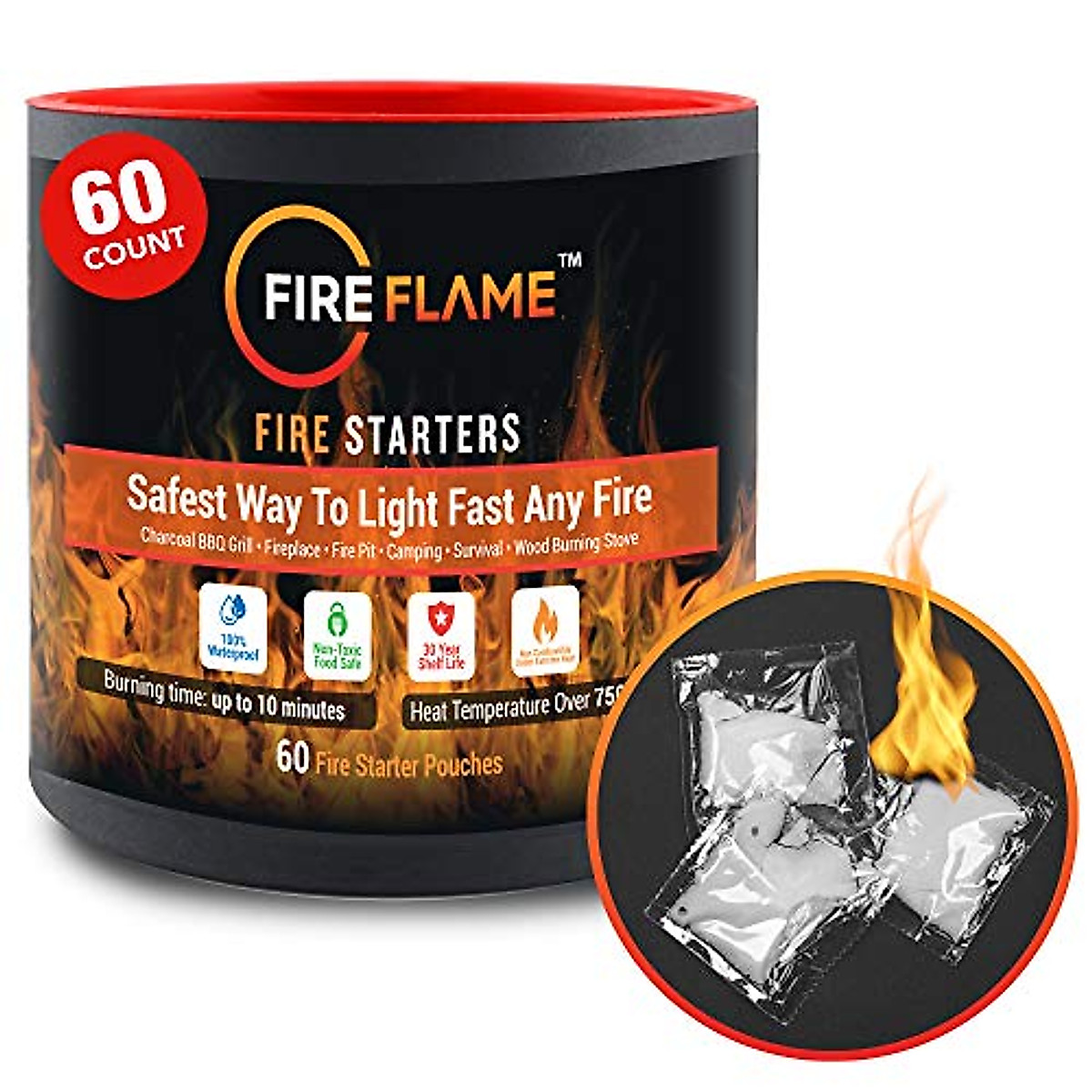 Fireflame Quick Instant Fire Starter - 100% Waterproof All-Purpose Indoor & Outdoor Firestarter, for Charcoal Starter, Campfire, Fireplace, BBQ - Odorless and Non-Toxic - 60 Pouches in Canister
