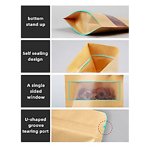 Palmhomee Pack of 48 Kraft Stand Up Pouches Kraft Pouches with Window Zip Lock Pouches Sealable Bag Foil Pouch Self Sealing Pouch for Food Storage (4.7x8 inch, Brown)