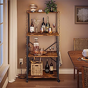 Bestier Bakers Rack with Power Outlet, 4-Tier Kitchen Microwave Stand, Coffee Bar with 6 S-Shaped Hooks, Rolling Storage Shelf Rack with Adjustable Shelf for Kitchen, Living Room - Rustic Brown