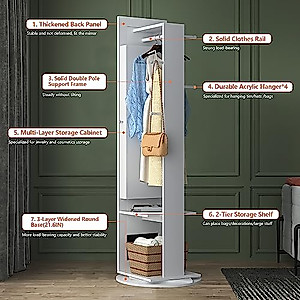 LVSOMT 360°Swivel Full-Length Mirror Jewelry Cabinet Armoire, Touch Screen Full Body Mirror with Jewelry Storage, Large Floor Jewelry Organizer for Bedroom, w/Coat Rack, Shelves(White)