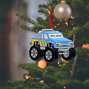 Blue Monster Truck Personalized Christmas Tree Ornaments Big Wheel Truck Christmas Keepsake Gift for Kids Children Grandson