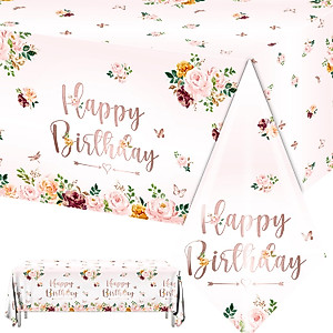 Gupesxu 3Pack Pink Rose Tablecloth-Happy Birthday Party Decoration Pink Floral Baby Shower Table Cover Plastic Rectangle Tables for Girl Kids Wedding,Sweet 16 Birthday Party