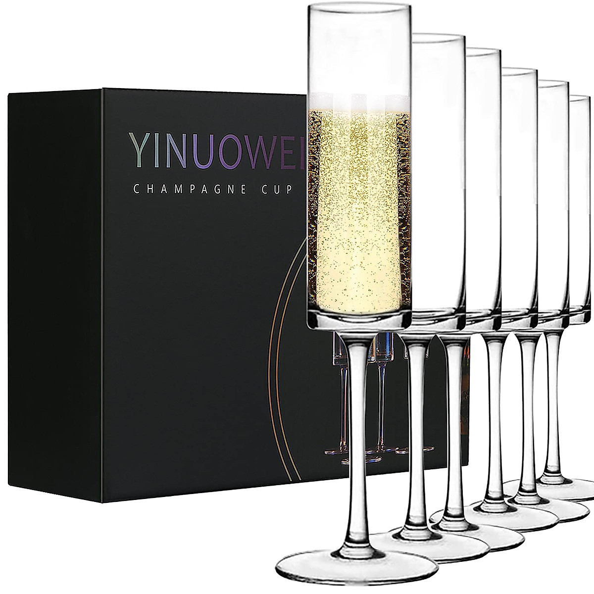 YINUOWEI Champagne Flutes - Elegant Hand Blown Crystal Champagne Glasses, Lead-free Premium Crystal Gifts For Weddings, Anniversaries, Christmas - Set of 6, Clear