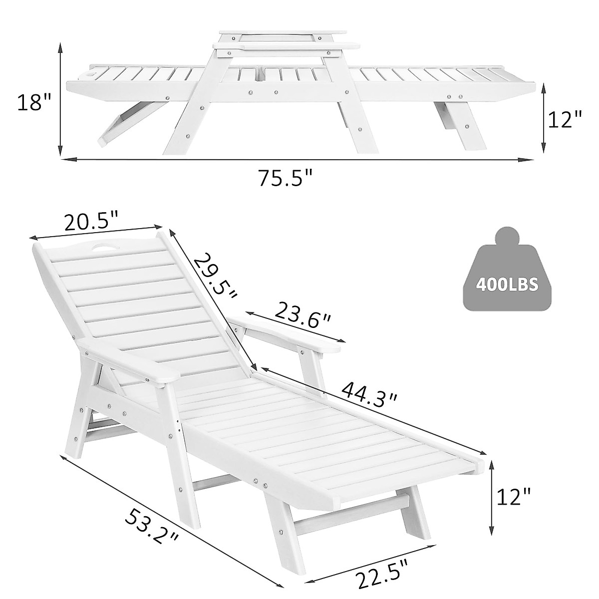 nalone Chaise Lounge Set of 2 Outdoor with 5-Position Adjustable Backrest, HDPE Lounge Chair for Outside Supports Up to 400 LBS, Pool Lounge Chairs for Patio Poolside Deck Beach Backyard(White)