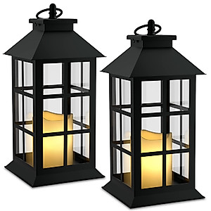 LOGUIDE 2 Pack 14" Black Lanterns Decorative with Timer LED Flickering Flameless Candle,Vintage Candle Lantern Battery Powered Waterproof for Indoor,Outdoor,Patio,Wedding,Garden,Porch Decor