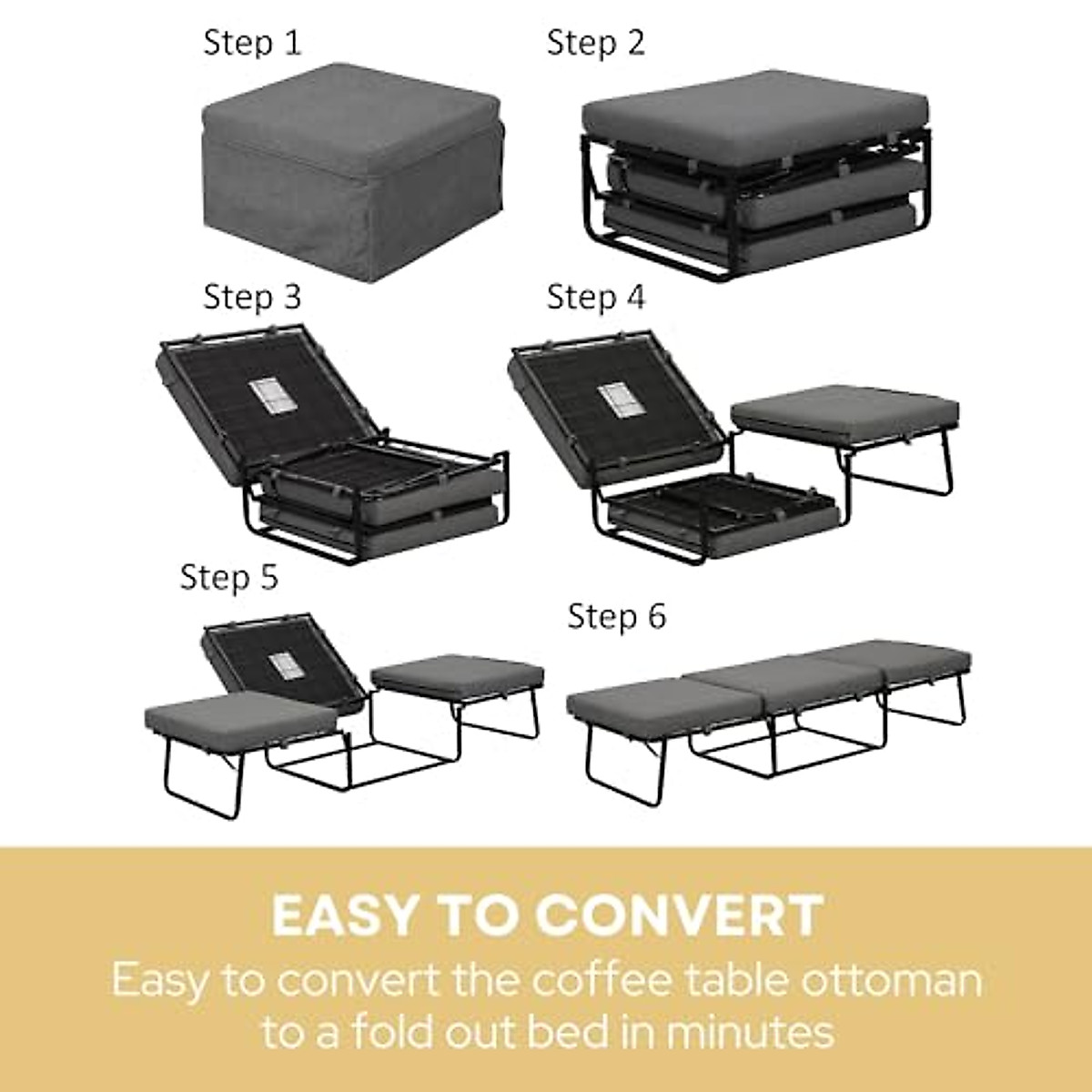 Convenience Concepts Designs4Comfort Folding Bed Ottoman, Soft Gray Fabric