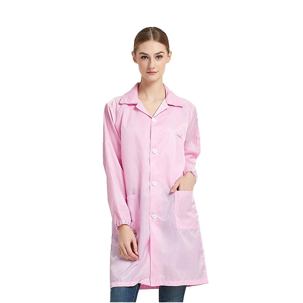 Long Sleeve ESD Gown Unisex Anti-Static Lab Coat Non-Stretch Comfort Fit Lapel Uniform (Large, Pink)