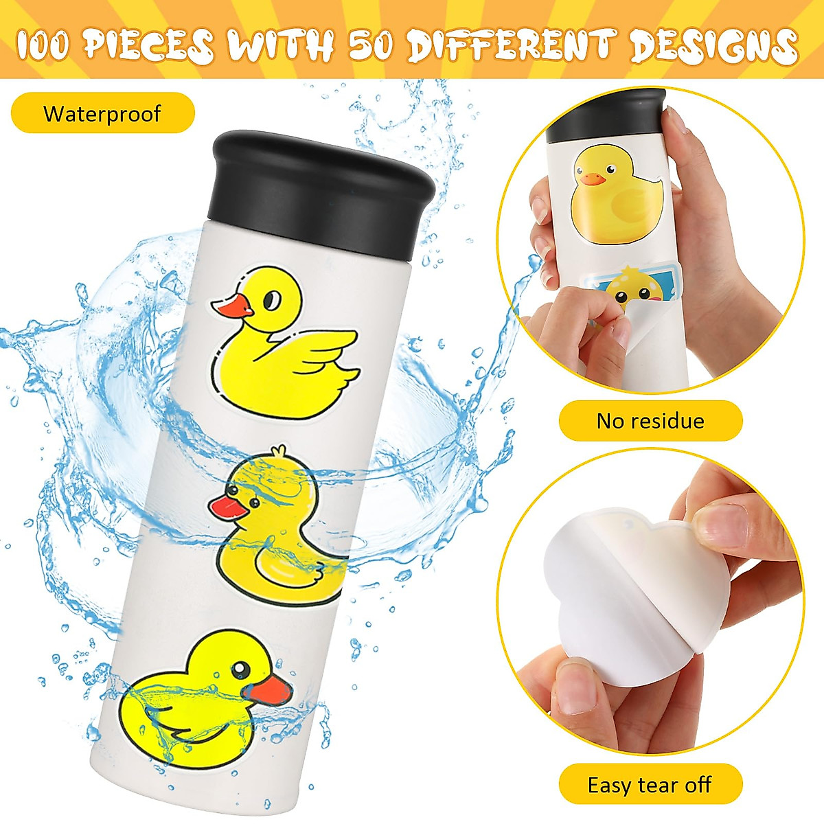 Libima 100 Pcs Yellow Duck Stickers Cute Duck Decal for Water Bottles Waterproof Bottles Sticker for Kids Teen Laptop Luggage Skateboard Fringe Phone