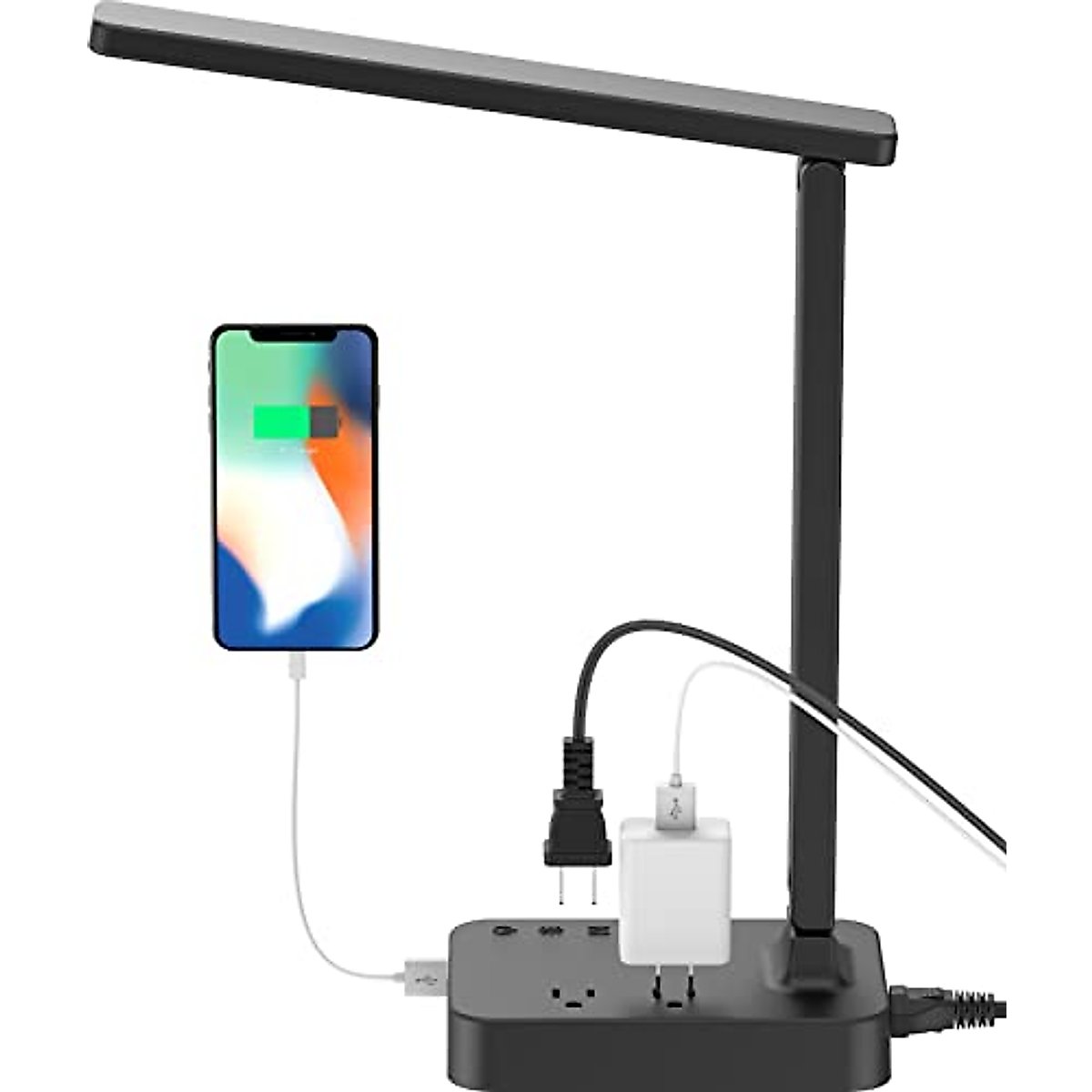 Drevet LED Desk Lamp, Desk Light with 1 USB Charging Port and 2 AC Power Outlet, 3 Lighting Modes, 3 Level Brightness,1H Timer, Touch Control, Eye-Caring Home Office Foldable Table Lamp (Black)