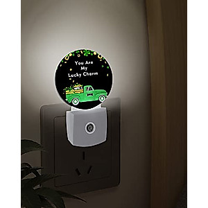 St.Patrick Day Truck Gold Coins Clover Night Lights Plug into Wall, Green Black Auto Round LED Lights with Dusk to Dawn Sensor for Bedroom, Bathroom, Hallway, Kitchen, Kids, Home Decor