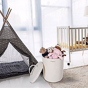 Cotton Rope Storage Basket with Lid | Large Woven Baskets and Handles 15" x 13" | for Nursery, Laundry, White Round Hamper, Home Living Room Floor, Toy Organizing bins, Blanket, Pillow and Big