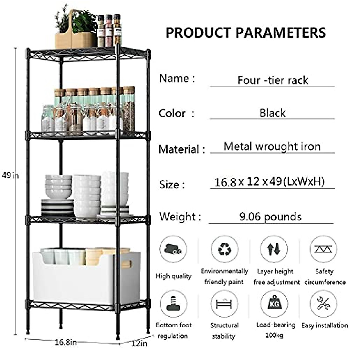 4 Tier Wire Shelving Rack Wire Shelving Unit, Metal Steel Shelves Adjustable Storage Organizer,1000 LBS Capacity, 54" H x 36" W x 14" D, Garage Shelving Rack for Office Kitchen Pantry Black