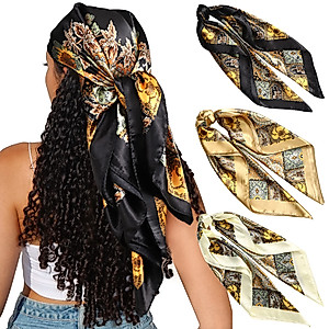 35" Satin Square Hair Scarf Bandanas - 3Pcs Large Silk Head Scarves Lightweight Satin Hair Kerchief Sleeping Hair Wraps for Women (Camel + Black + Beige)
