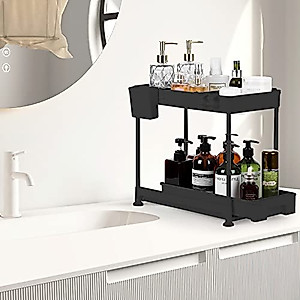 Under Sink Organizer, 2-Tier Sliding Under Sink Organizers and Storage Under Sink Storage for kitchen Under Cabinet Organizer with Hooks, Hanging Cup, Dividers