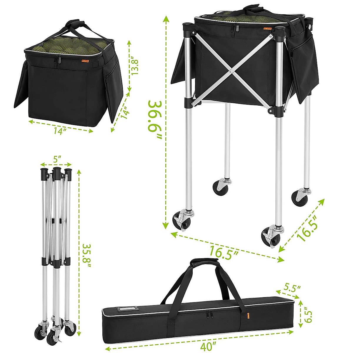 AKOZLIN Tennis Ball Hopper with Wheels Holds 150 Balls Tennis Ball Cart Sports Teaching Cart Lightweight Aluminum Alloy