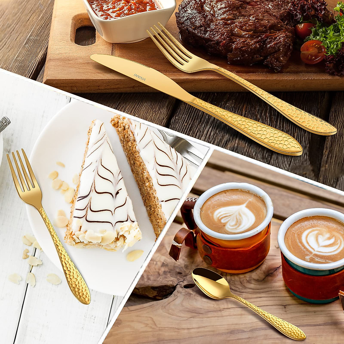 VIVANI Arlox 40-Piece Gold Vintage Silverware Set, Hammered Gold Flatware Set for 8, Stainless Steel Gold Utensils Cutlery Set, Mirror Polished, Dishwasher Safe