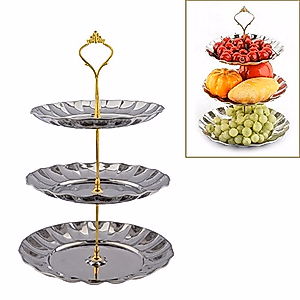 3-Tier Cupcake Stand NHSUNRAY Round Stainless Steel Dessert Stand Cake Stand Wedding Parties Birthday Tea Party Serving Platter (3-Tier, silver)