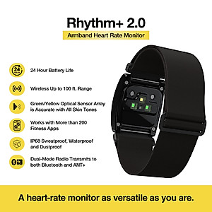 Scosche Rhythm R+2.0: Advanced Waterproof & Dustproof Heart Rate Monitor Armband with ANT+ & BLE Bluetooth Smart for Hyper Accurate Workout Tracking with Wahoo, Peloton, NordicTrack, LED Display