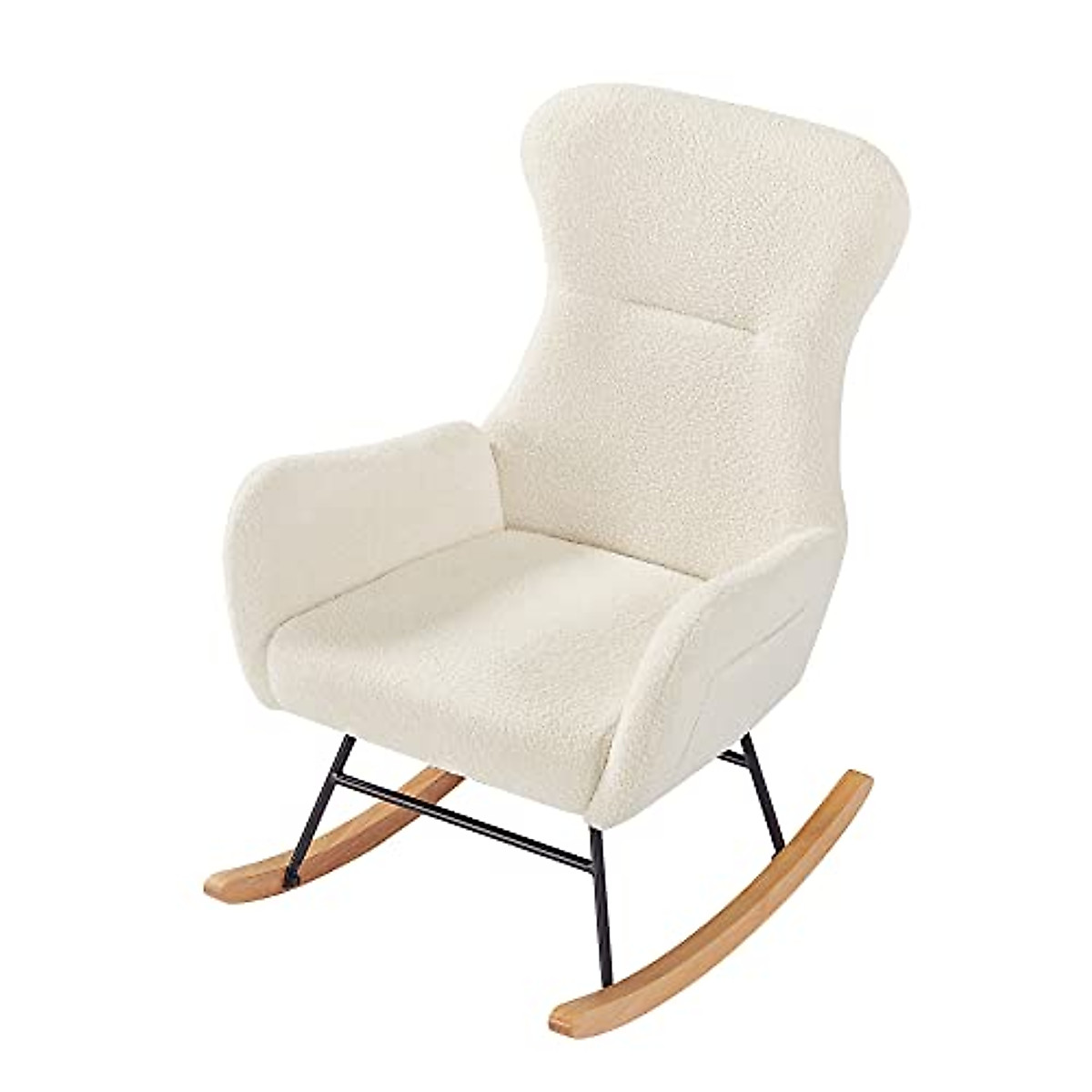 Recaceik Rocking Chair, Modern Teddy Fabric Rocker Glider Chair with High Backrest and Armrest, Comfy Side Chair Bedroom Living Room Chair Armchair, 2 Handy Pockets, Metal Frame, Wood Leg(Beige)