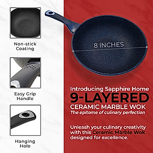 HOME N KITCHENWARE Nonstick Ceramic Wok, Frying Pan - Premium 9-Layered Cookware, Korean Marble-Coated - Easy to Clean Cast Aluminum - Induction Ready for Saute, Stir-Fry, Eggs, Fried Rice 8-Inch