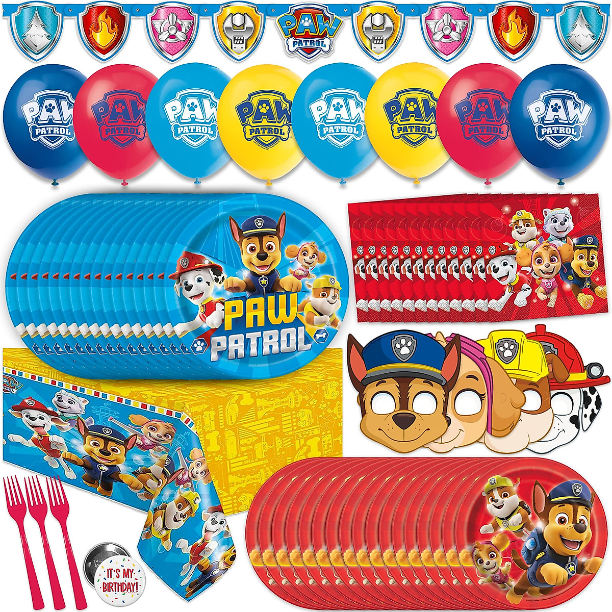 Unique Paw Patrol Birthday Decorations | Paw Patrol Party Supplies | With Paw Patrol Balloons, Tablecloth, Paw Patrol Plates, Napkins, Button | Serves 16 Guests